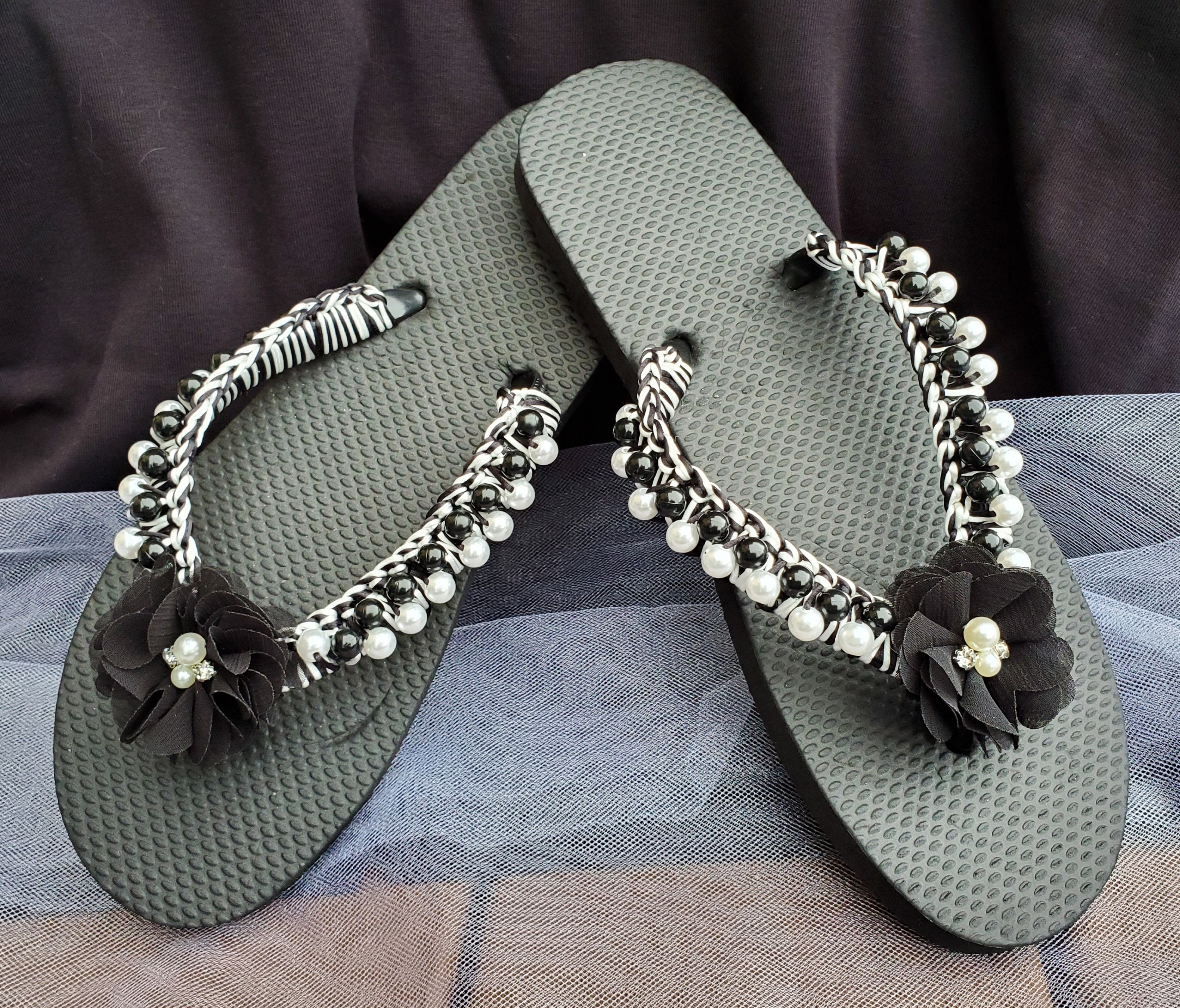 Black and White Pearl Flip Flop, Satin Cord Sandal, Black Flower - Etsy