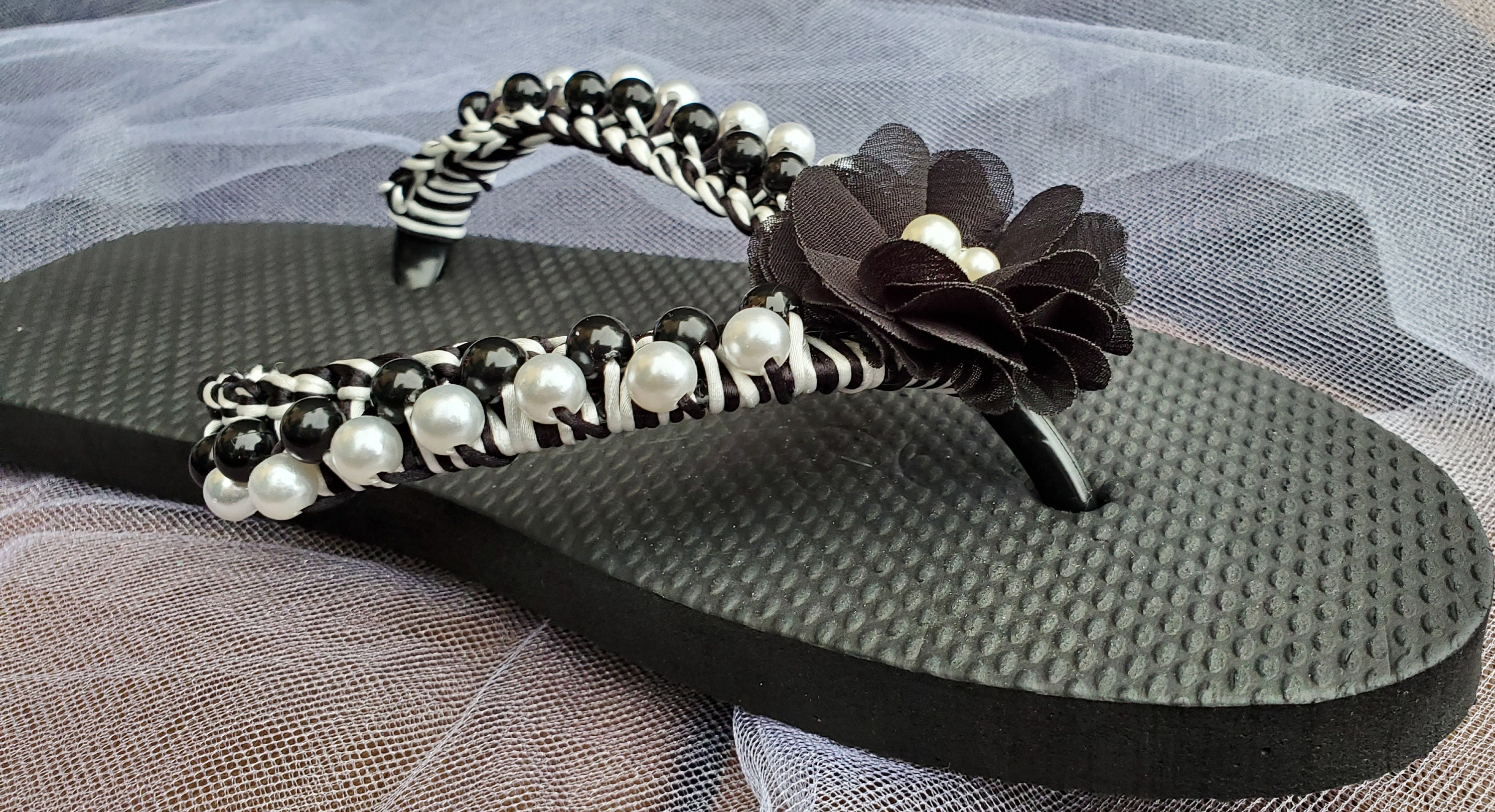 Black and White Pearl Flip Flop, Satin Cord Sandal, Black Flower - Etsy