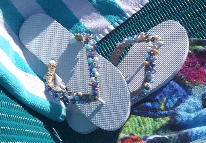 Beach Sea Blue Flip Flops With Seashells, Beaded and Crocheted With ...