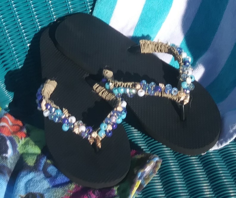 Beach Sea Blue Flip Flops With Seashells, Beaded and Crocheted With ...