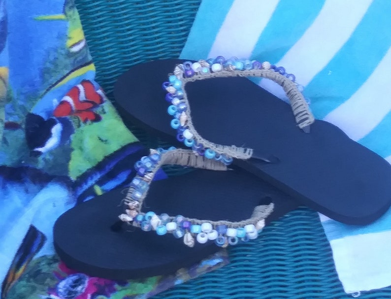 Beach Sea Blue Flip Flops With Seashells, Beaded and Crocheted With ...