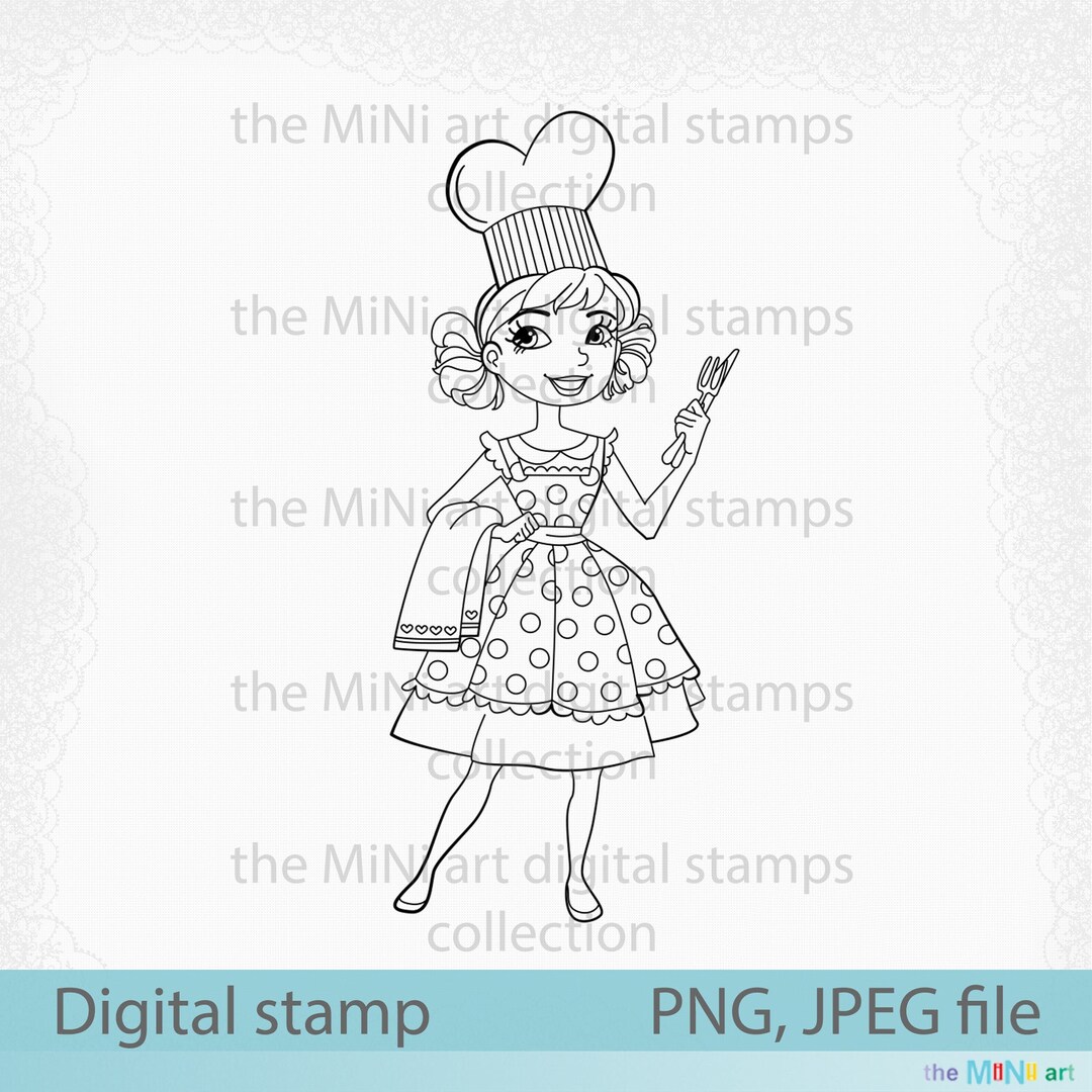 Cooking Girl - Digital Stamp for Scrapbooking, Card Making, Coloring ...