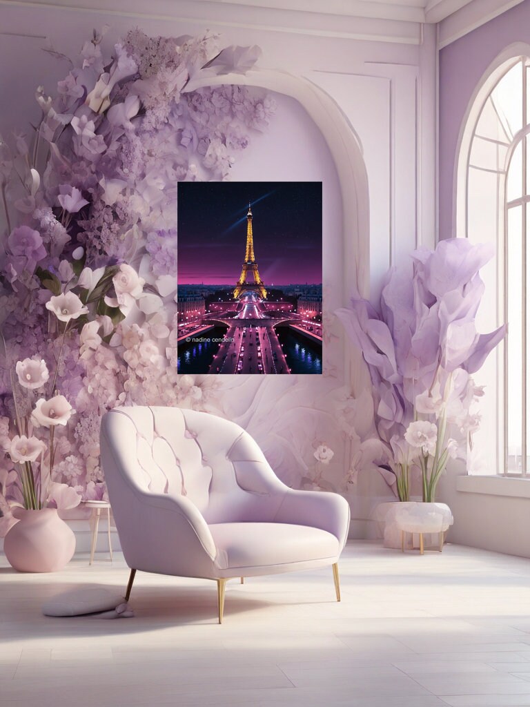 Paris City at Night in Purple and Pink Colors Poster Eiffel Tower ...
