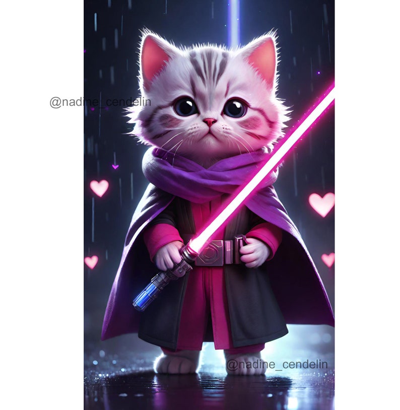 Cute Cat as Rey From Star Wars Cat at Night in Purple Poster Digital to ...