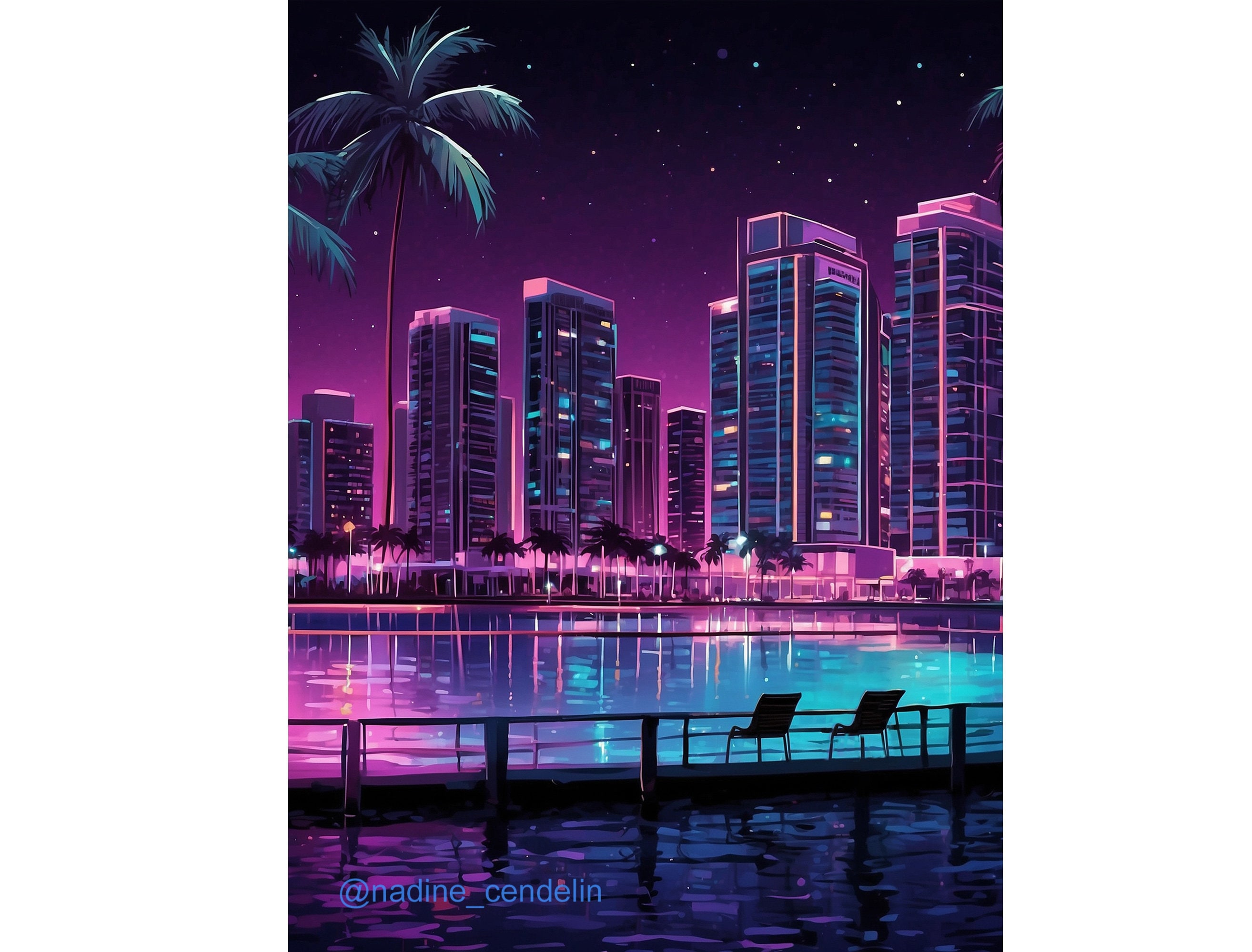 Miami City at Night in Purple and Blue Colors Poster at Water Digital ...