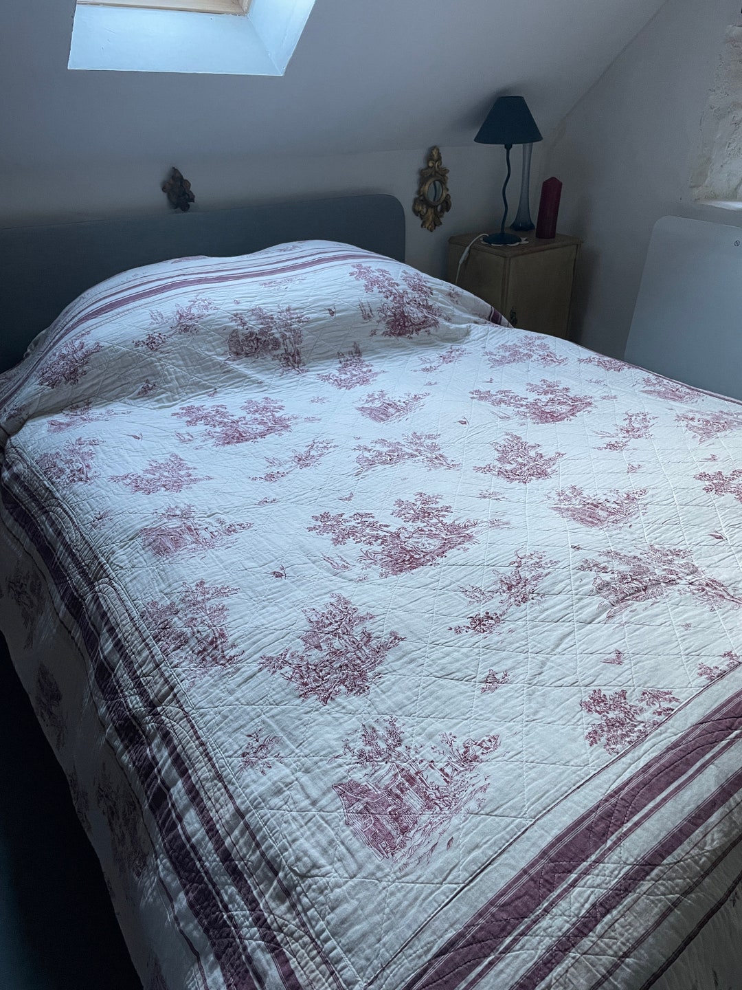 Red Toile De Jouy Cotton Coverlet Bedspread Quilt Vintage French, Sm ...
