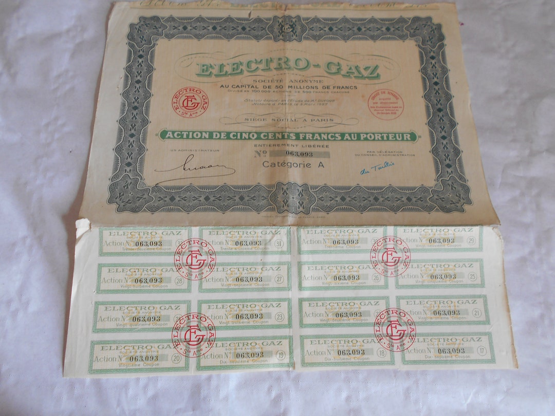 Vintage Share Certificate Action Bonds 1927 Electro-gaz Power Suppliers ...