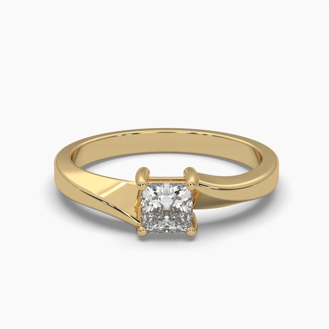 Princess Cut Moissanite Engagement Ring – 14K Yellow Gold Bypass Band ...