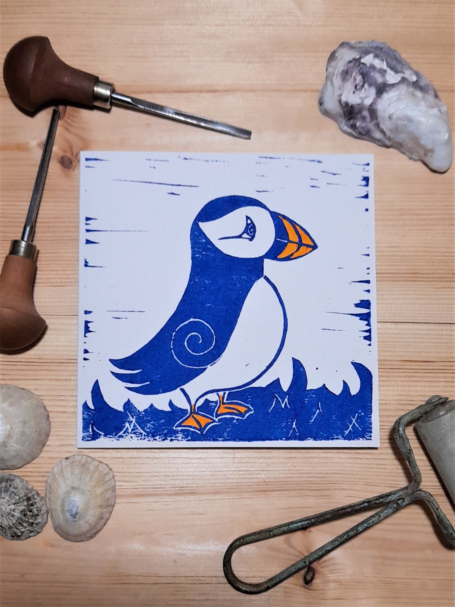Cornish Puffin Card. Lino Print Card. Blue & Cream. Blank. - Etsy