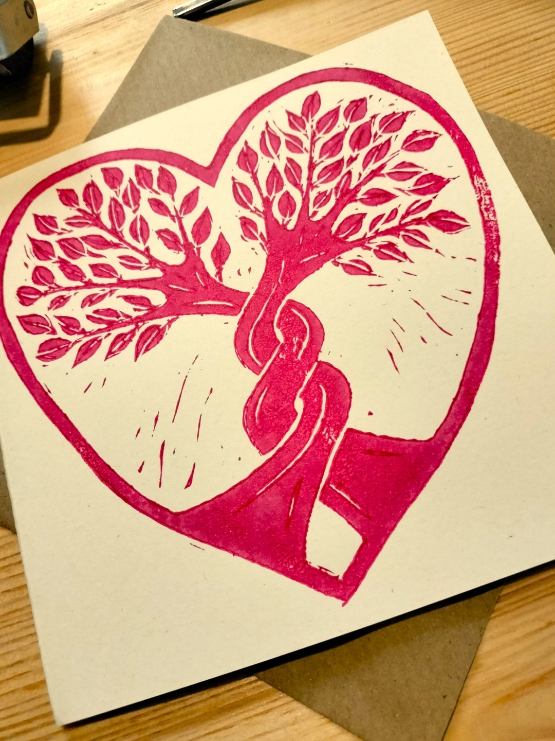Two Trees Heart Card. Lino Print Card. Red on Cream . Blank. - Etsy UK