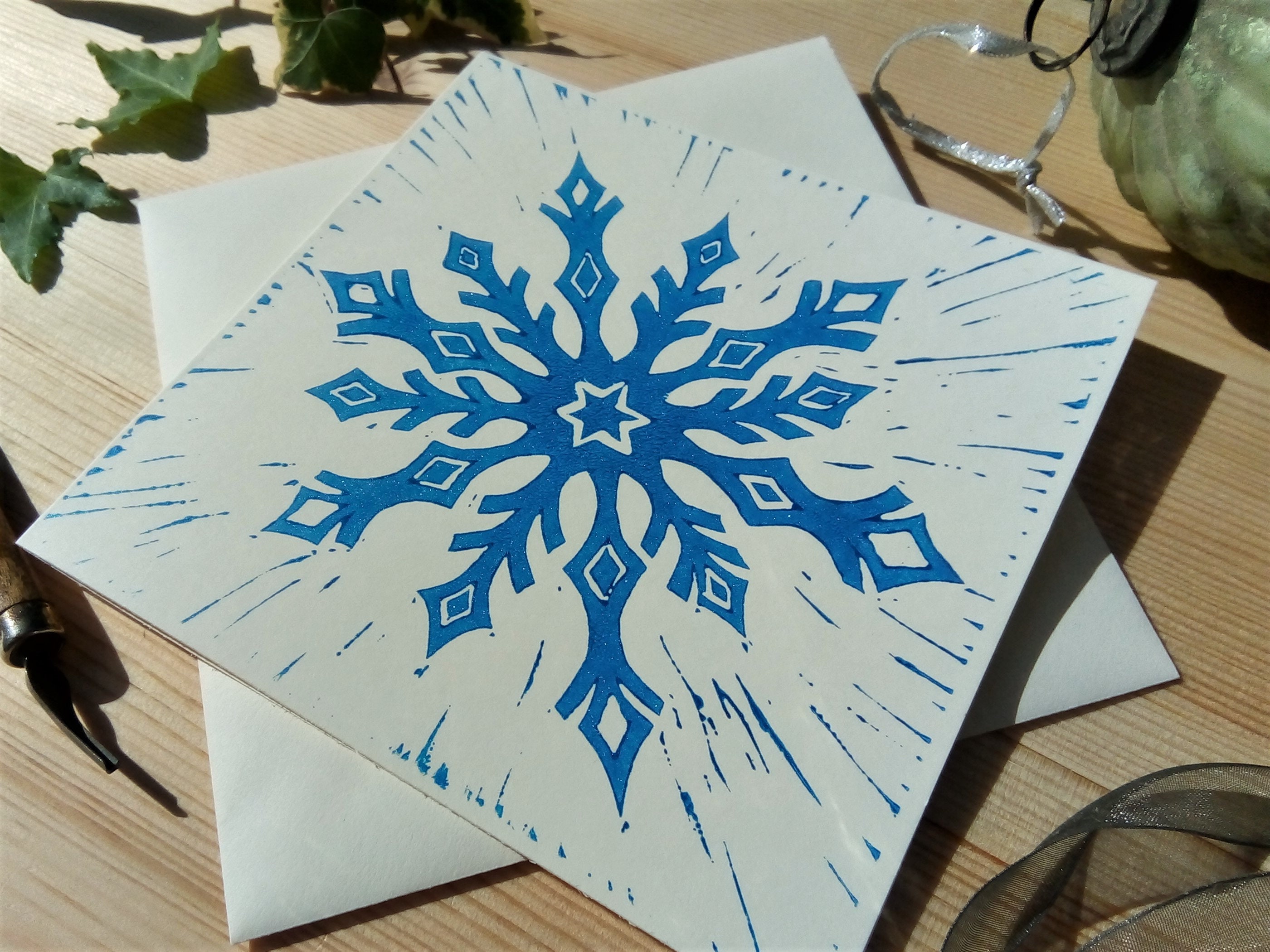 Christmas Snowflake Card Lino Print Card Blue Sparkle & | Etsy