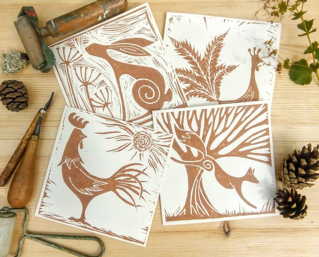 4 Cornish Animal Cards. Set of 4 Lino Print Cards. Brown & Cream. Blank ...