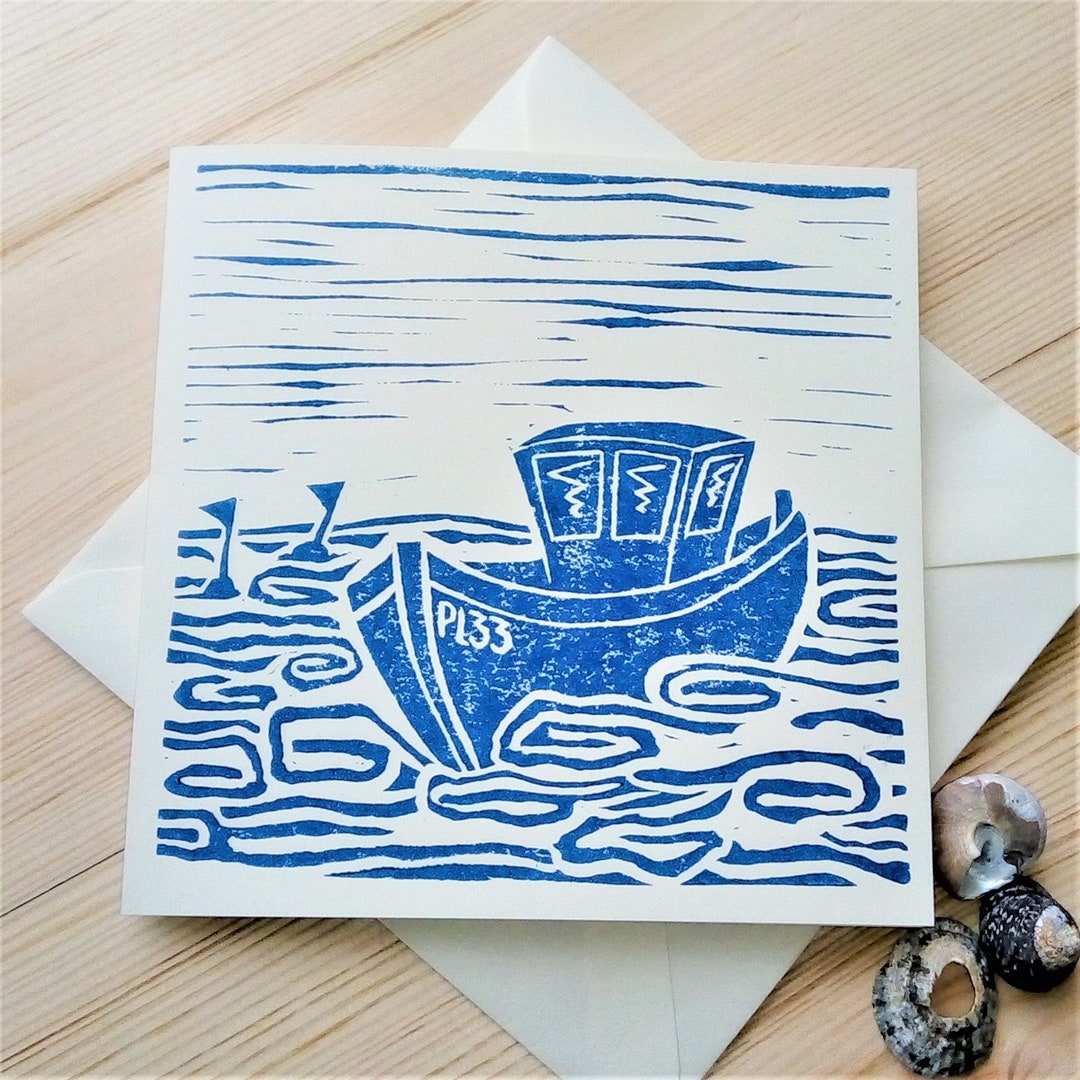 Cornish Crabber Card. Lino Print Card. Blue & Cream. Blank. - Etsy