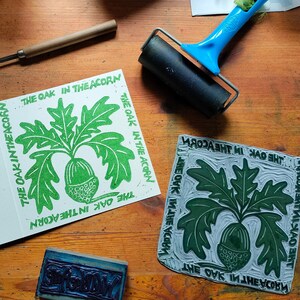 The Oak in the Acorn Card. Lino Print Card. Green on Cream . Blank. - Etsy