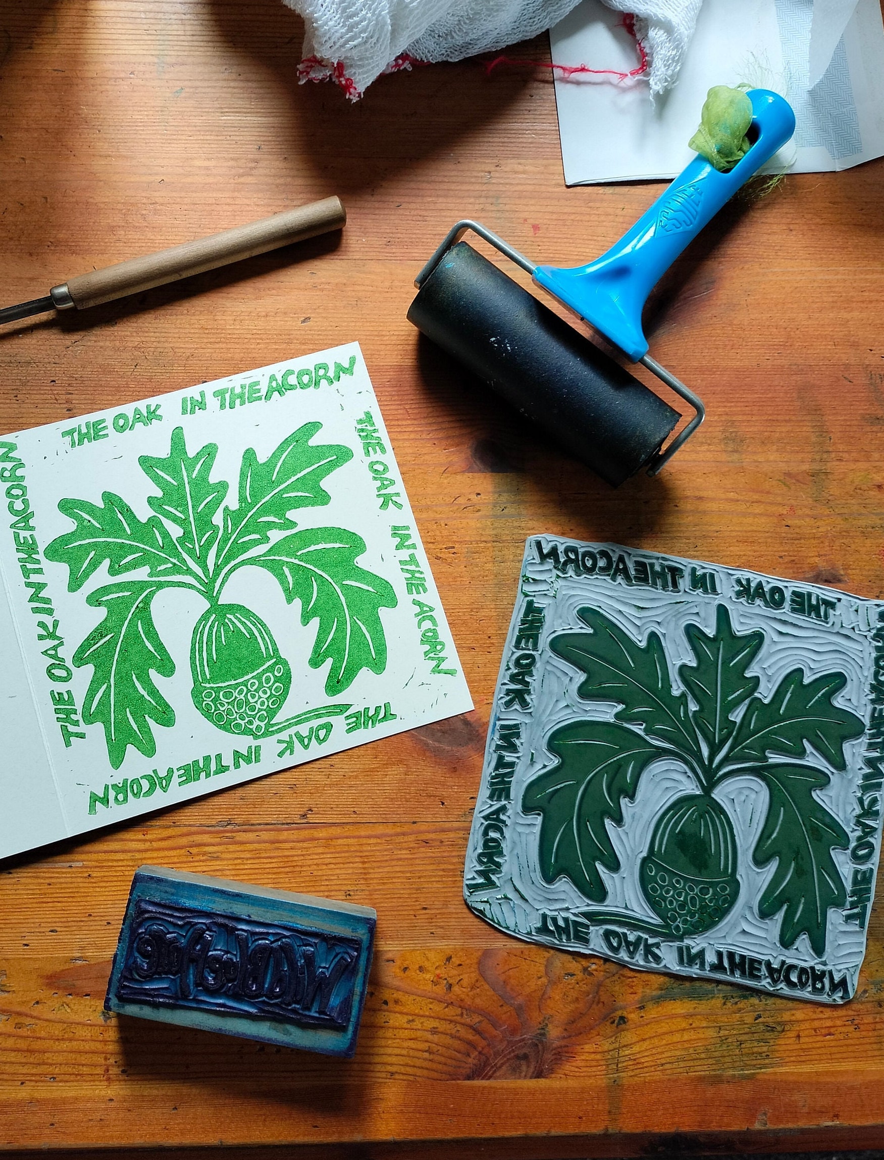 The Oak in the Acorn Card. Lino Print Card. Green on Cream . Blank. - Etsy