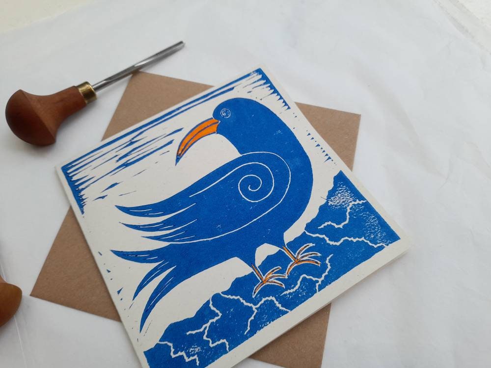 Cornish Chough Card. Lino Print Card. Blue & Cream. Blank. - Etsy