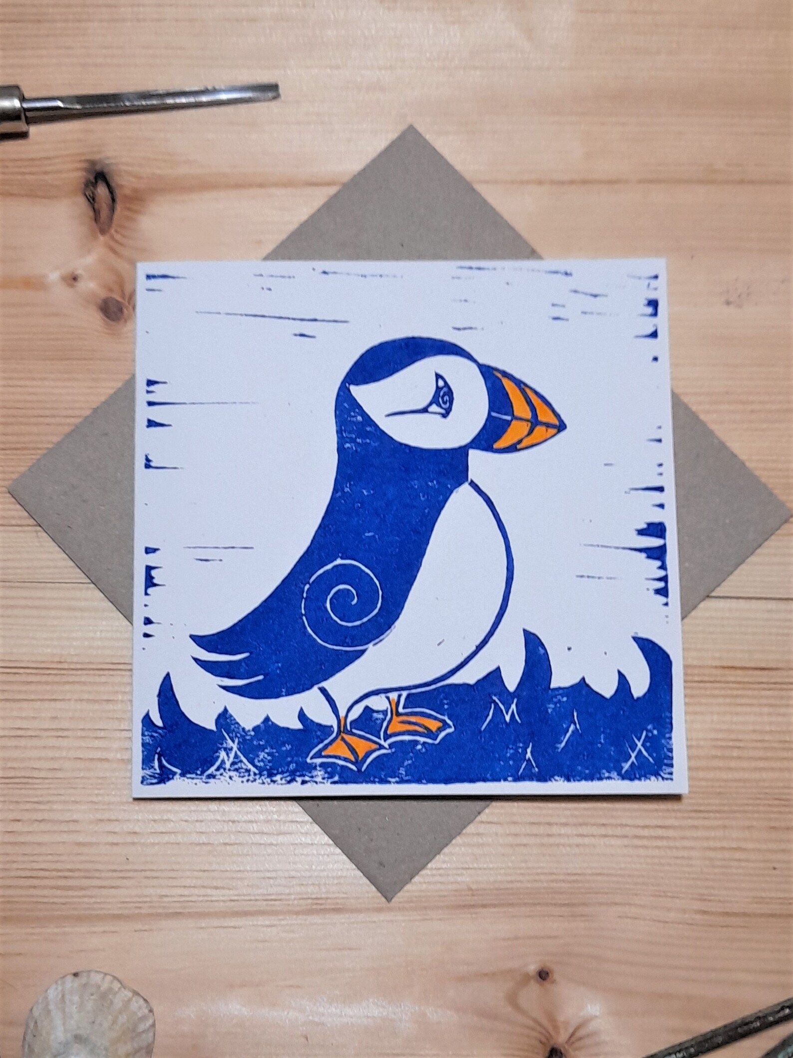 Cornish Puffin Card. Lino Print Card. Blue & Cream. Blank. - Etsy