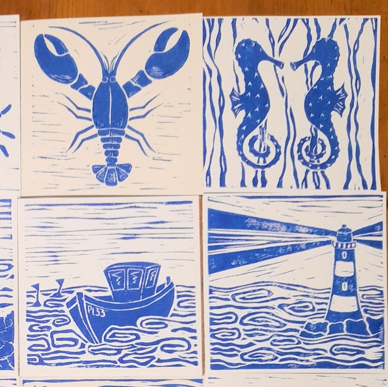 You Choose 4 Seaside Cards . Lino Print Card. Blue & Cream. Blank ...