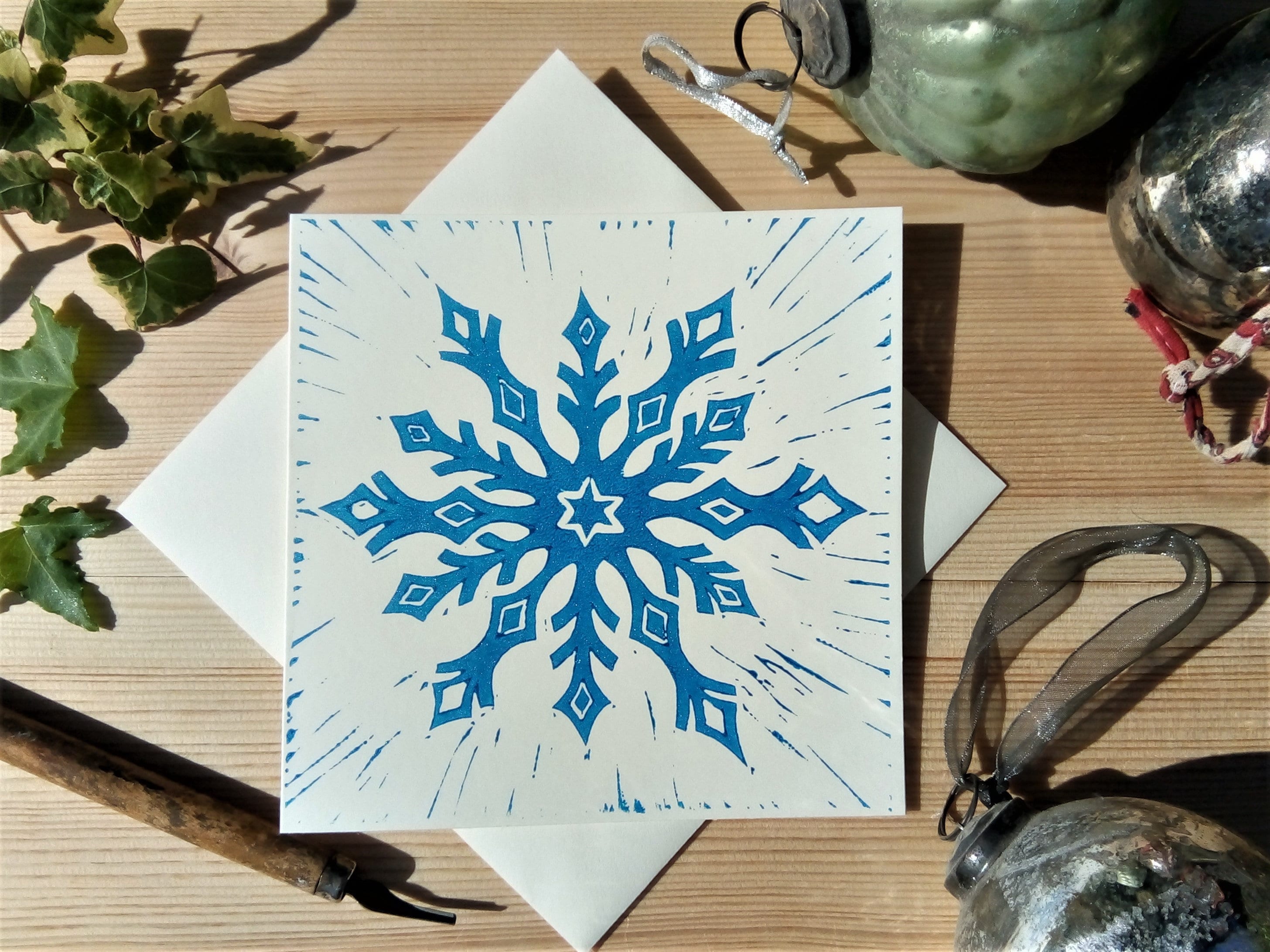 Christmas Snowflake Card Lino Print Card Blue Sparkle & | Etsy