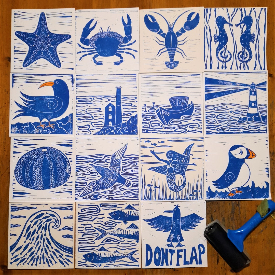 You Choose 4 Seaside Cards . Lino Print Card. Blue & Cream. Blank ...