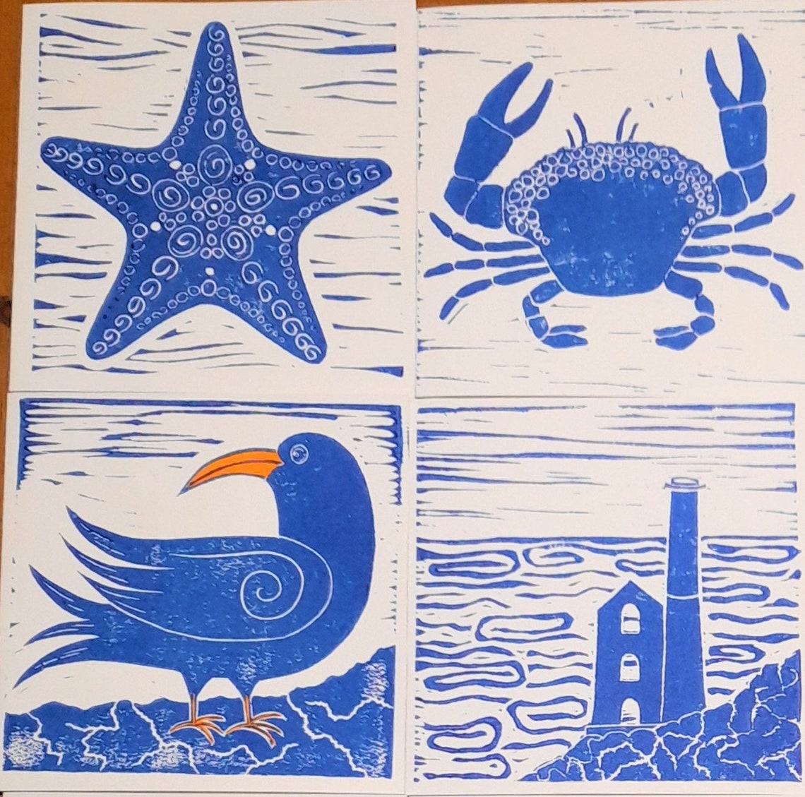 You Choose 4 Seaside Cards . Lino Print Card. Blue & Cream. Blank ...