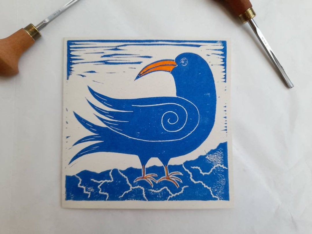 Cornish Chough Card. Lino Print Card. Blue & Cream. Blank. - Etsy