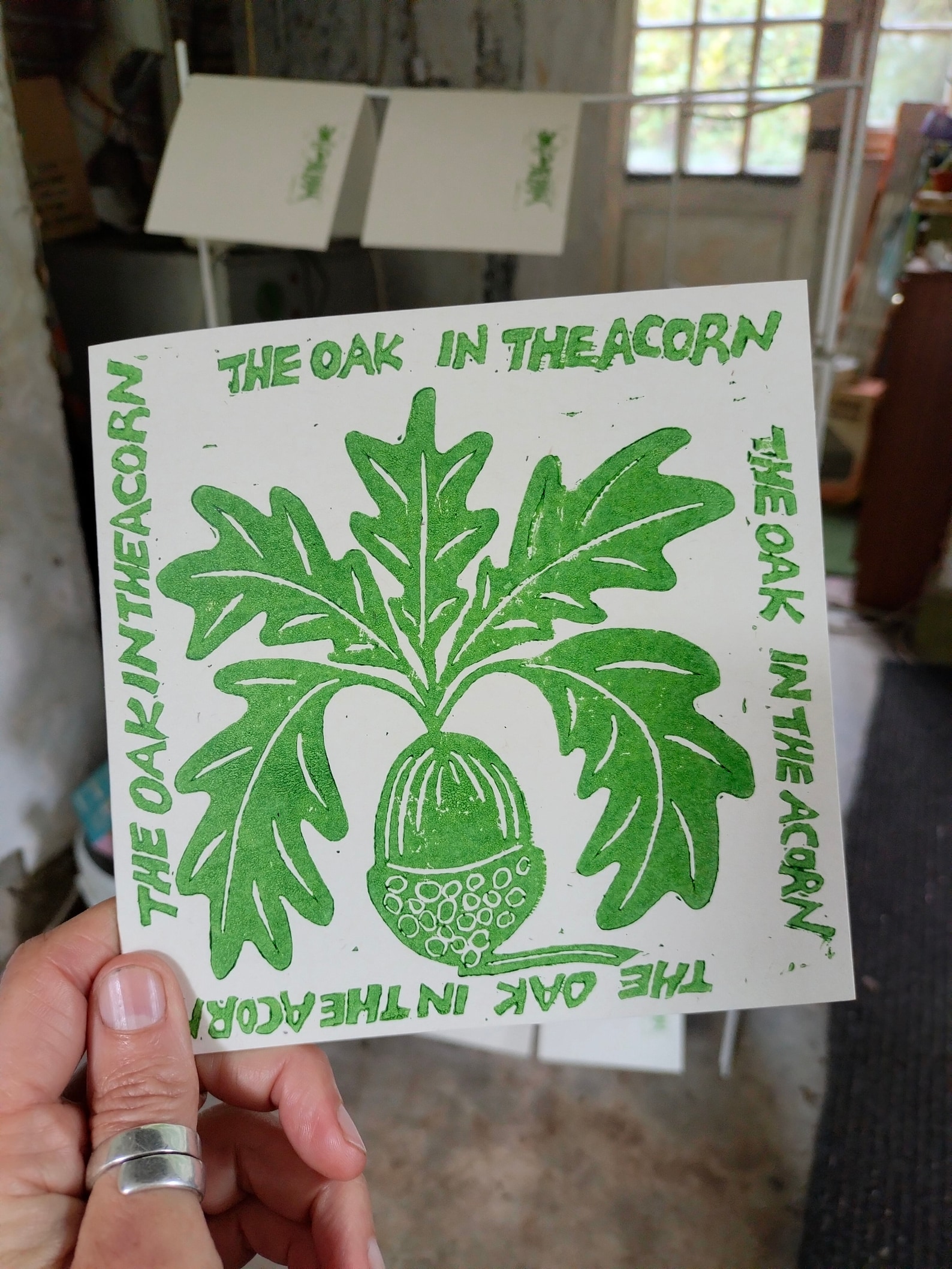 The Oak in the Acorn Card. Lino Print Card. Green on Cream . Blank. - Etsy