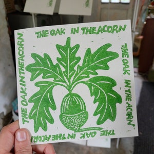 The Oak in the Acorn Card. Lino Print Card. Green on Cream . Blank. - Etsy