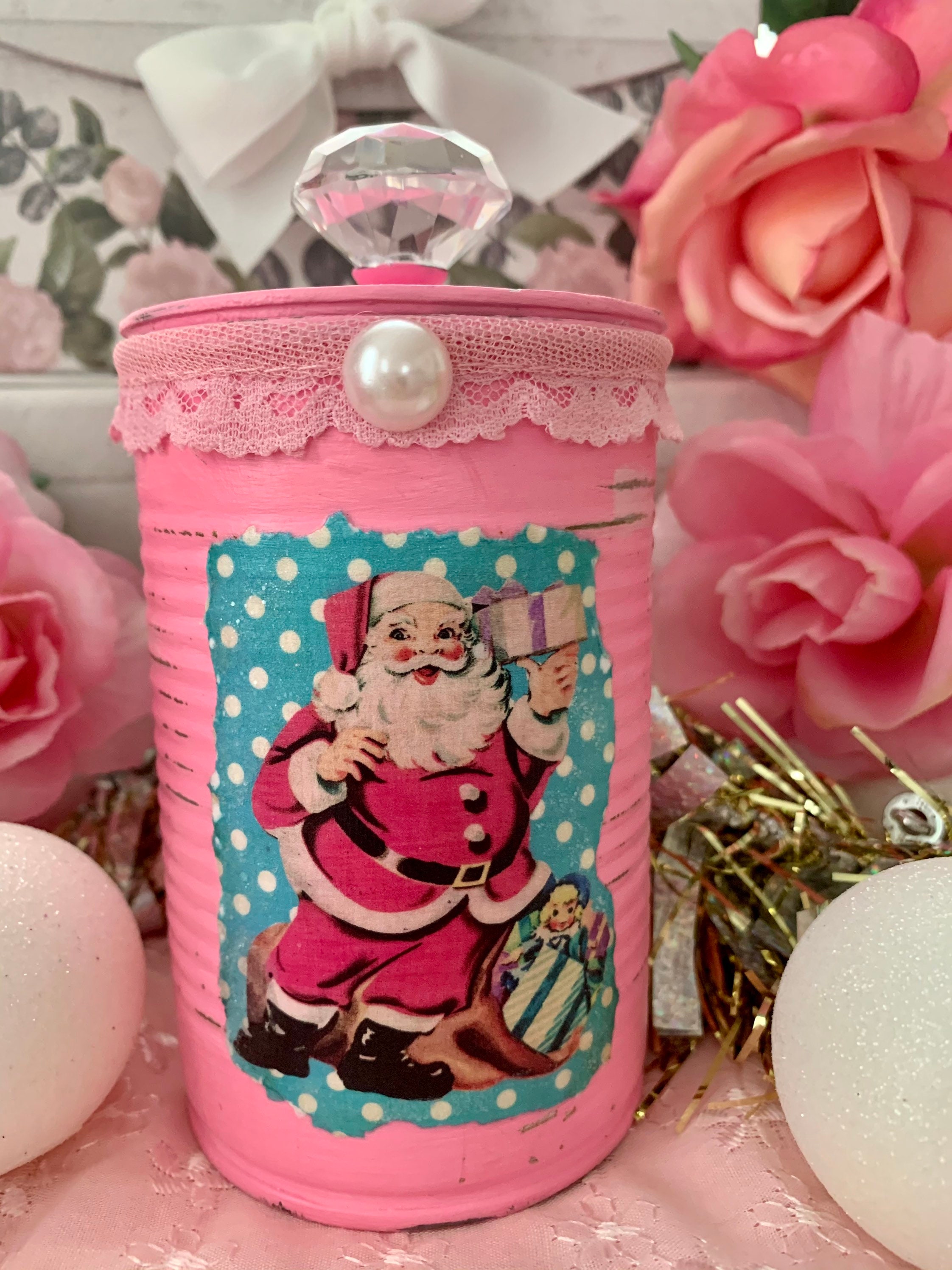 Santa Claus Pink Shabby Chic Altered Tin Can Recyclable | Etsy