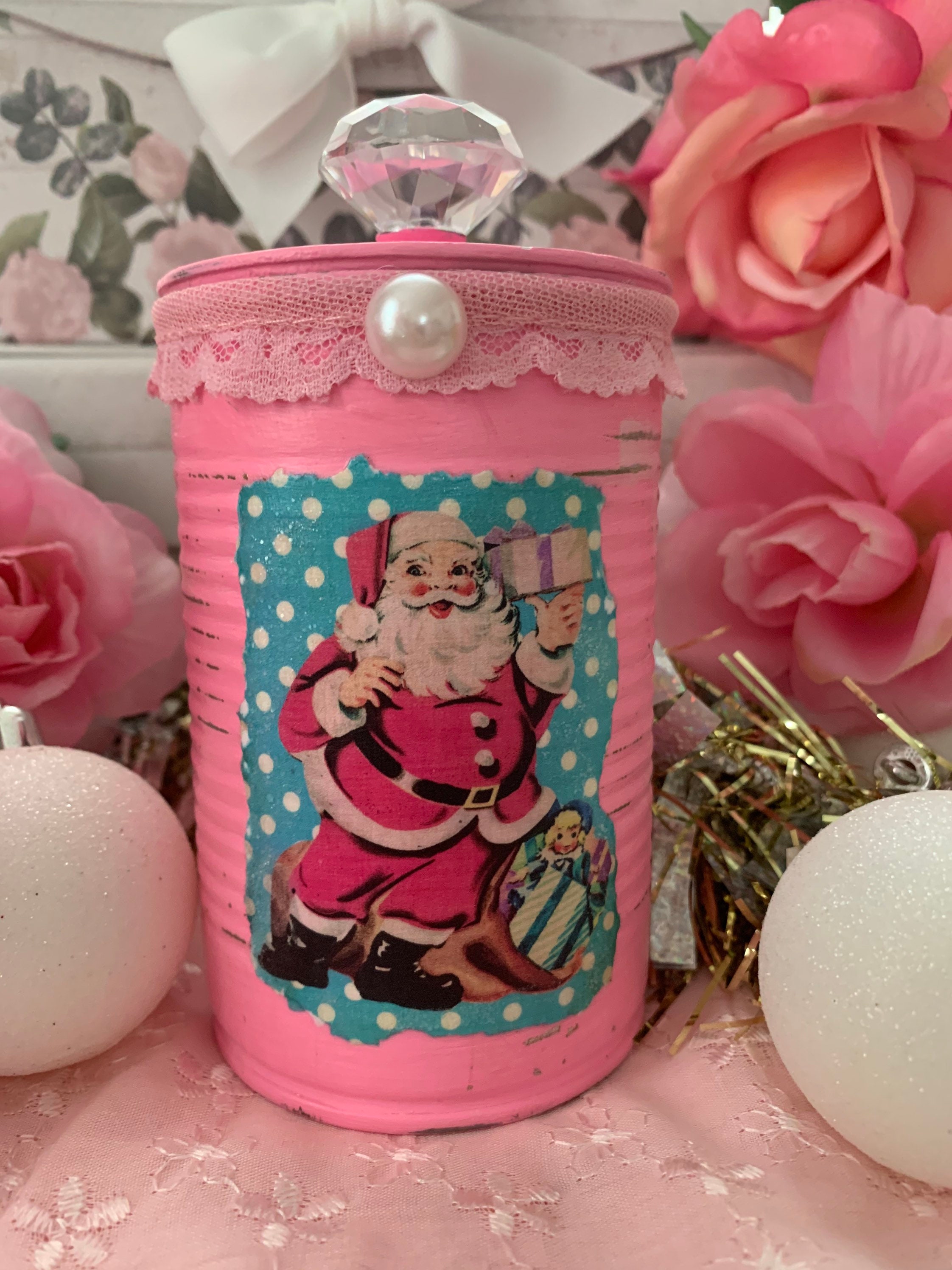 Santa Claus Pink Shabby Chic Altered Tin Can Recyclable | Etsy