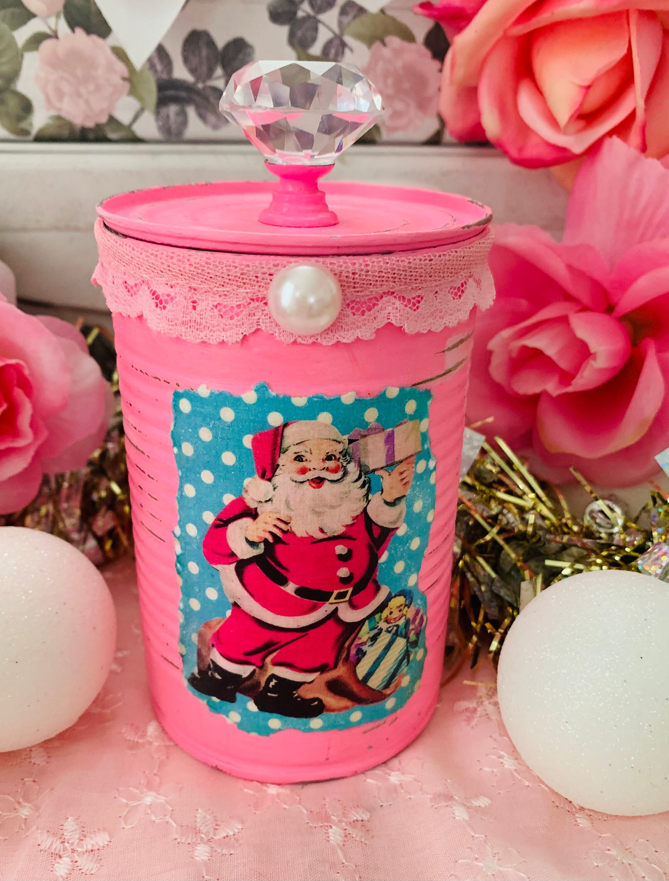 Santa Claus Pink Shabby Chic Altered Tin Can Recyclable | Etsy