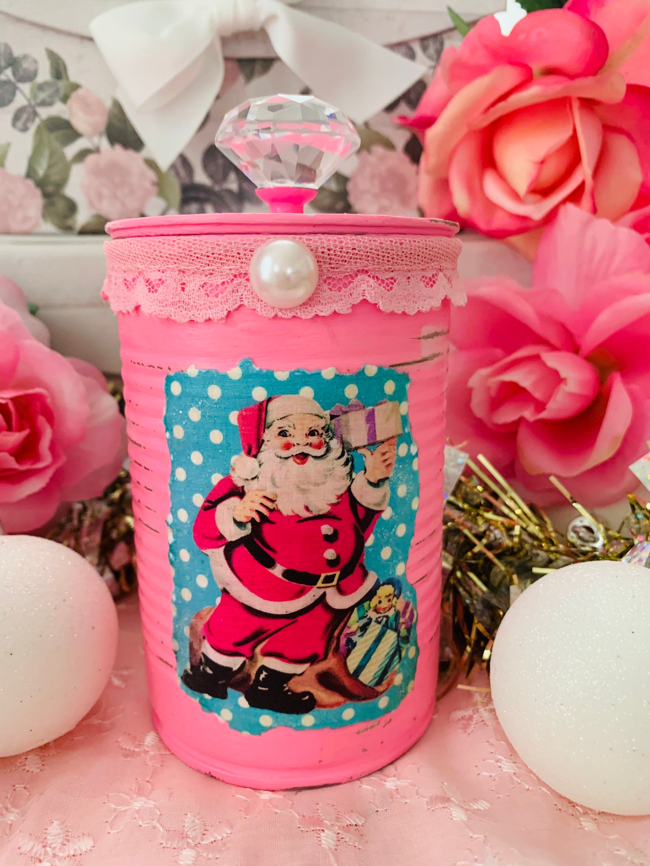 Santa Claus Pink Shabby Chic Altered Tin Can Recyclable | Etsy