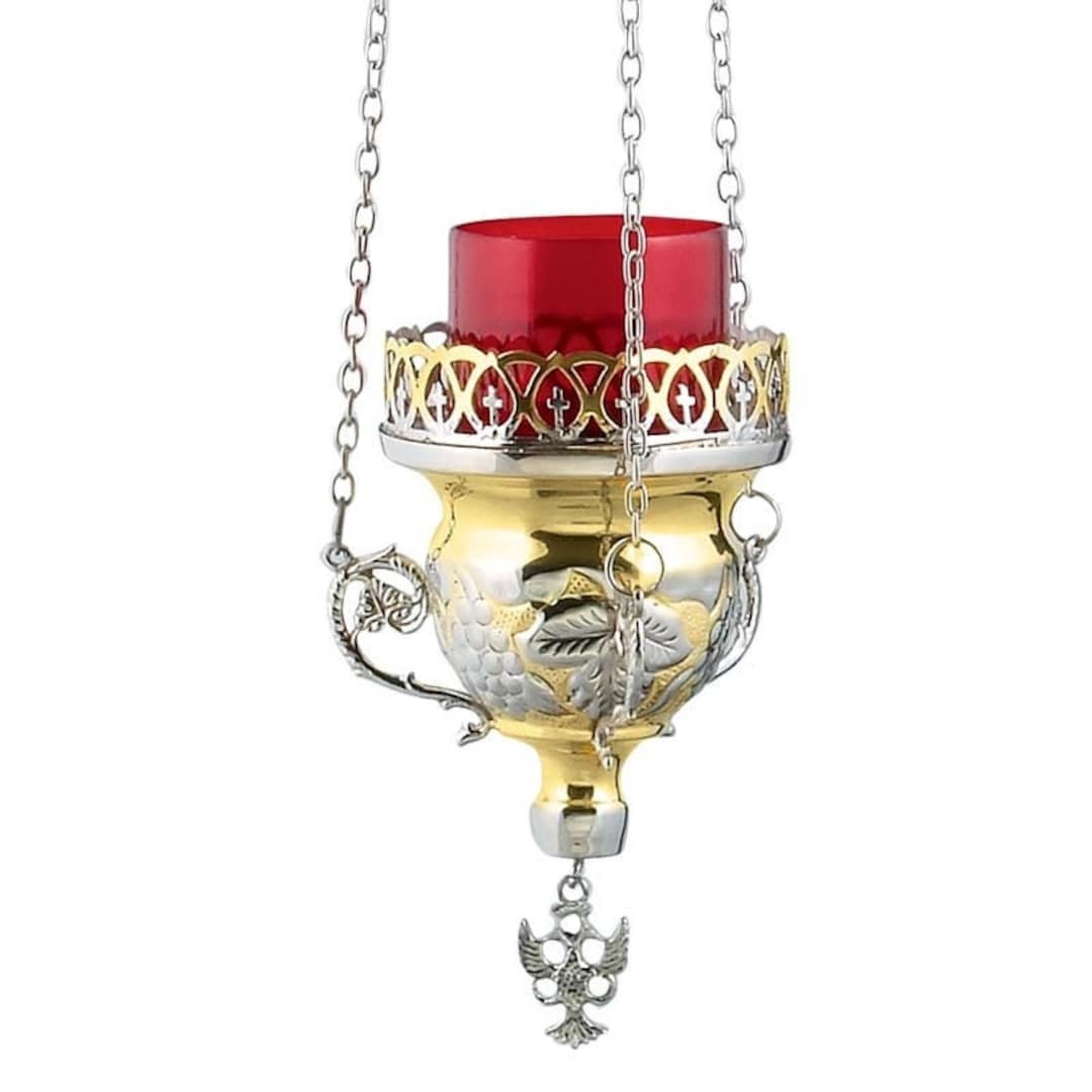 Gold Plated Christian Brass Hanging Oil Vigil Lamp With Cross, Prayer ...
