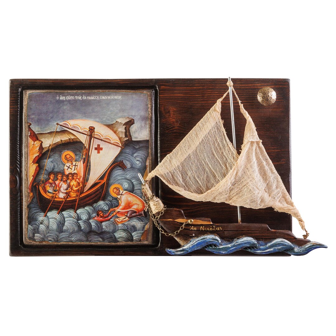 Handmade Saint Nicholas Byzantine Icon With Wooden Sailing Boat ...