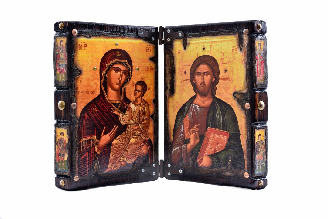 Virgin Mary and Jesus Christ Diptych, Handmade Wooden Byzantine Icons ...