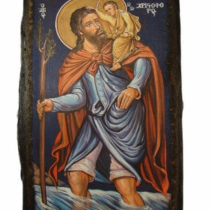 Handmade Saint Christopher Icon, Wooden Byzantine Art, Greek Orthodox ...