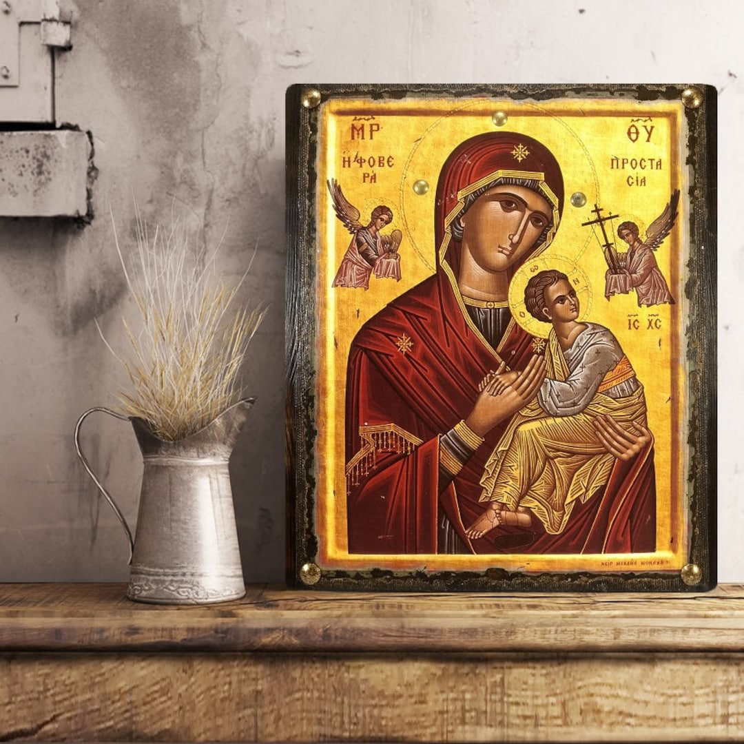 Virgin Mary the Great Protection, Handmade Byzantine Icon, Greek ...