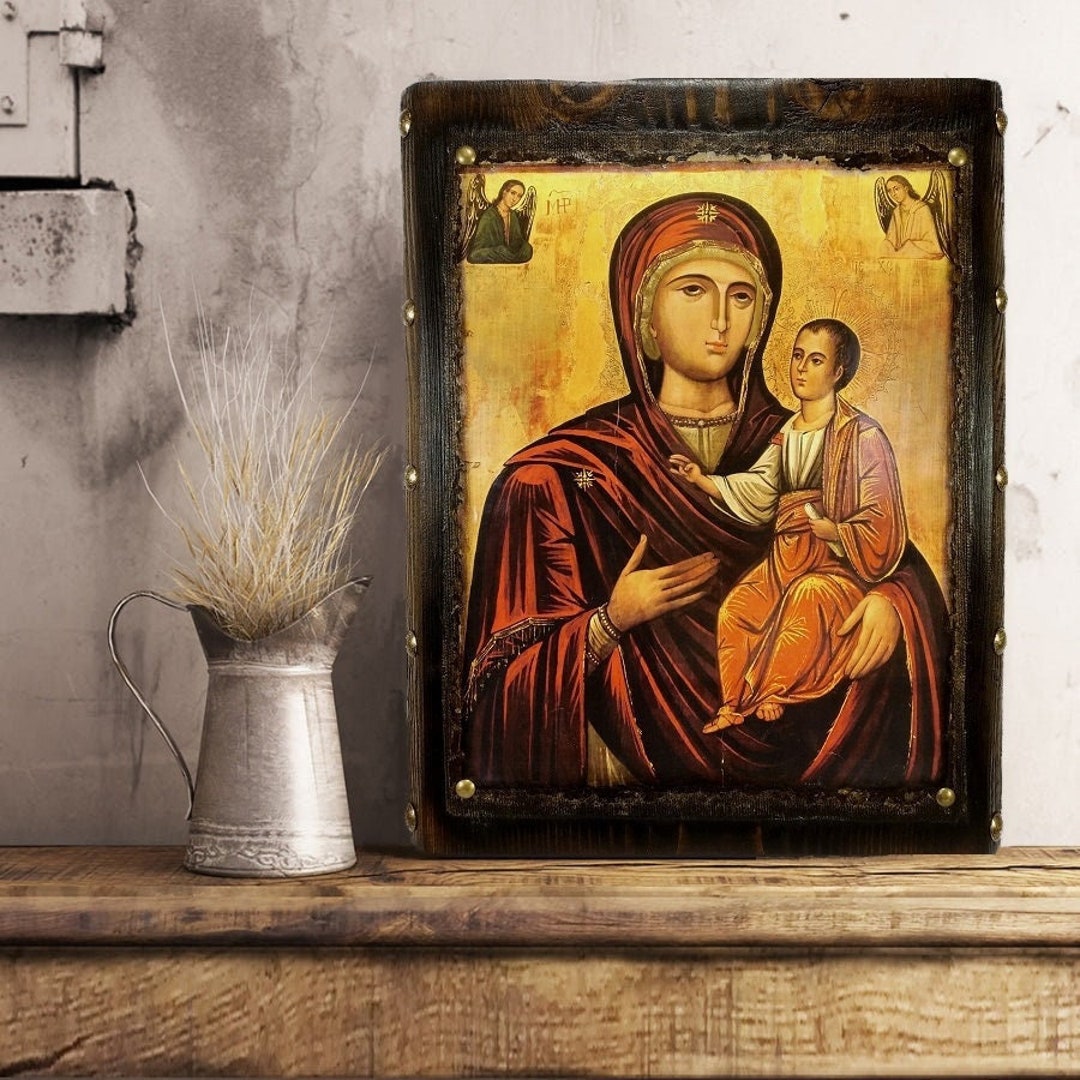 Virgin Mary Queen of Angels, Handmade Wooden Byzantine Icon, Greek ...