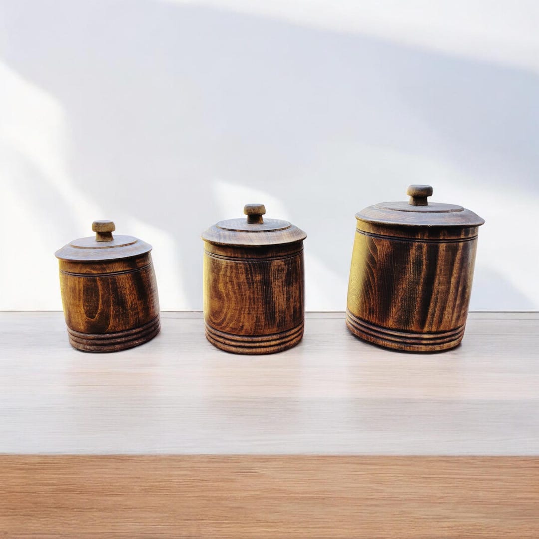 Vintage Handcrafted Wooden Canister Set – Rustic Kitchen Storage Jars ...