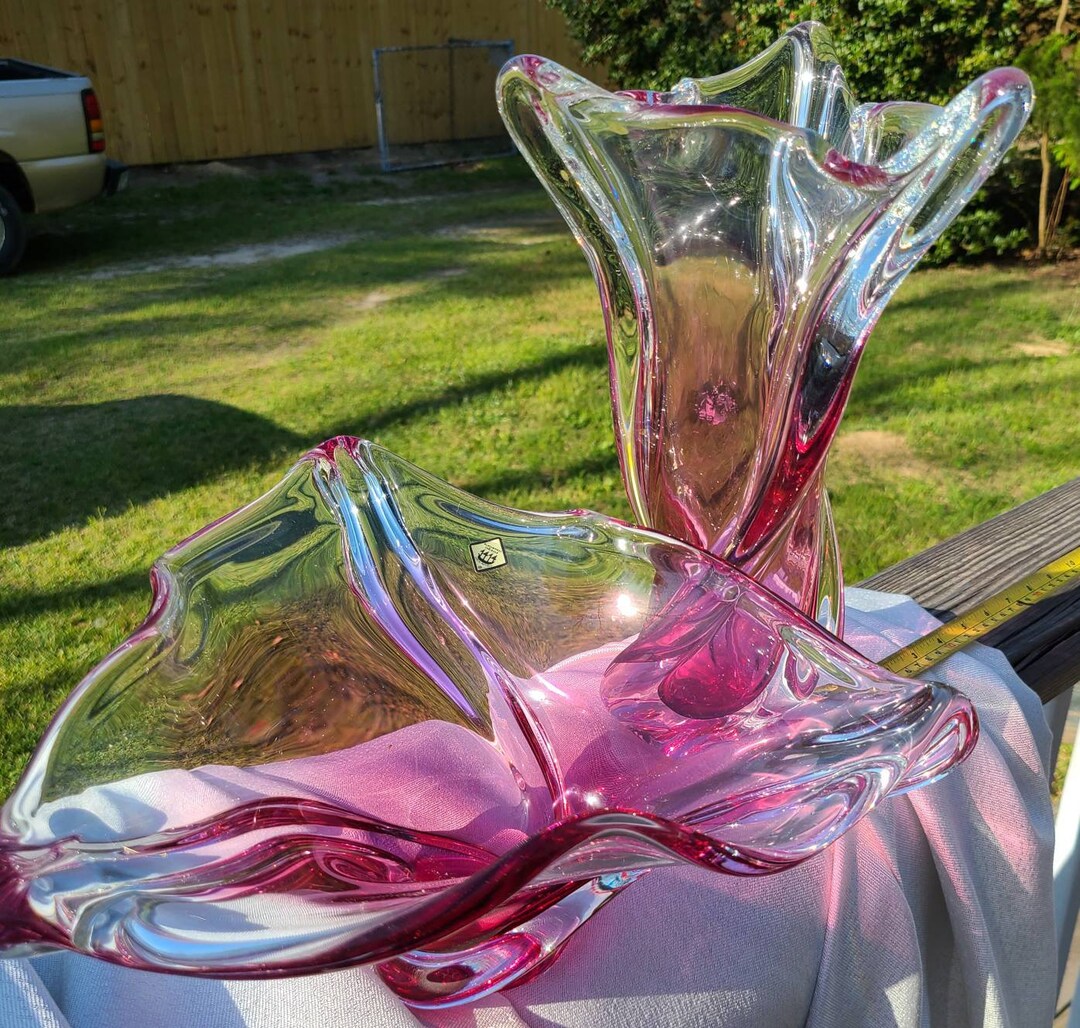 1960 Czech Artist Hospodka Fushia Pink Hot Worked Vase and Bowl Set ...