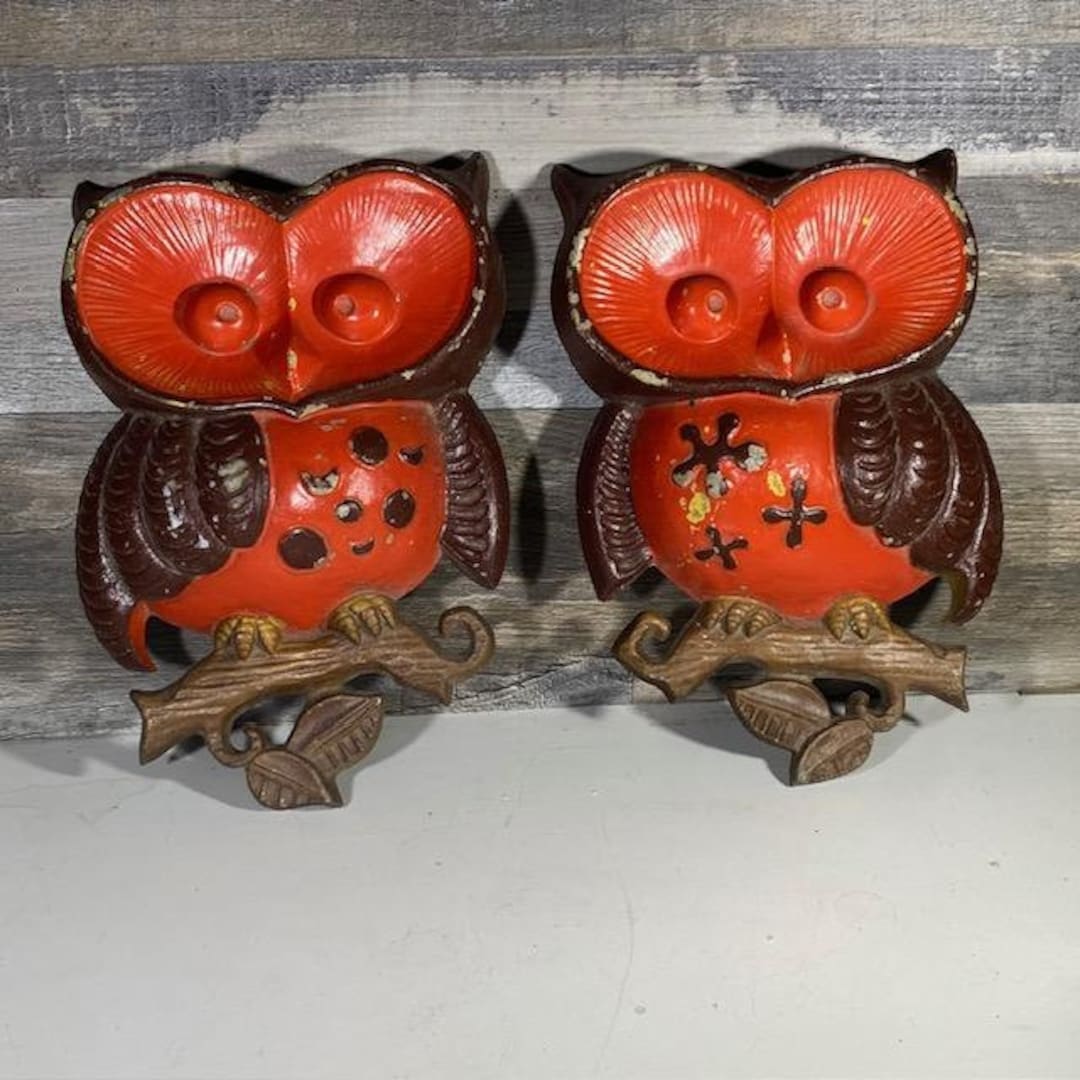 Vintage Sexton Owls Cast Metal Wall Art 1970 Orange Brown Retro Hanging ...