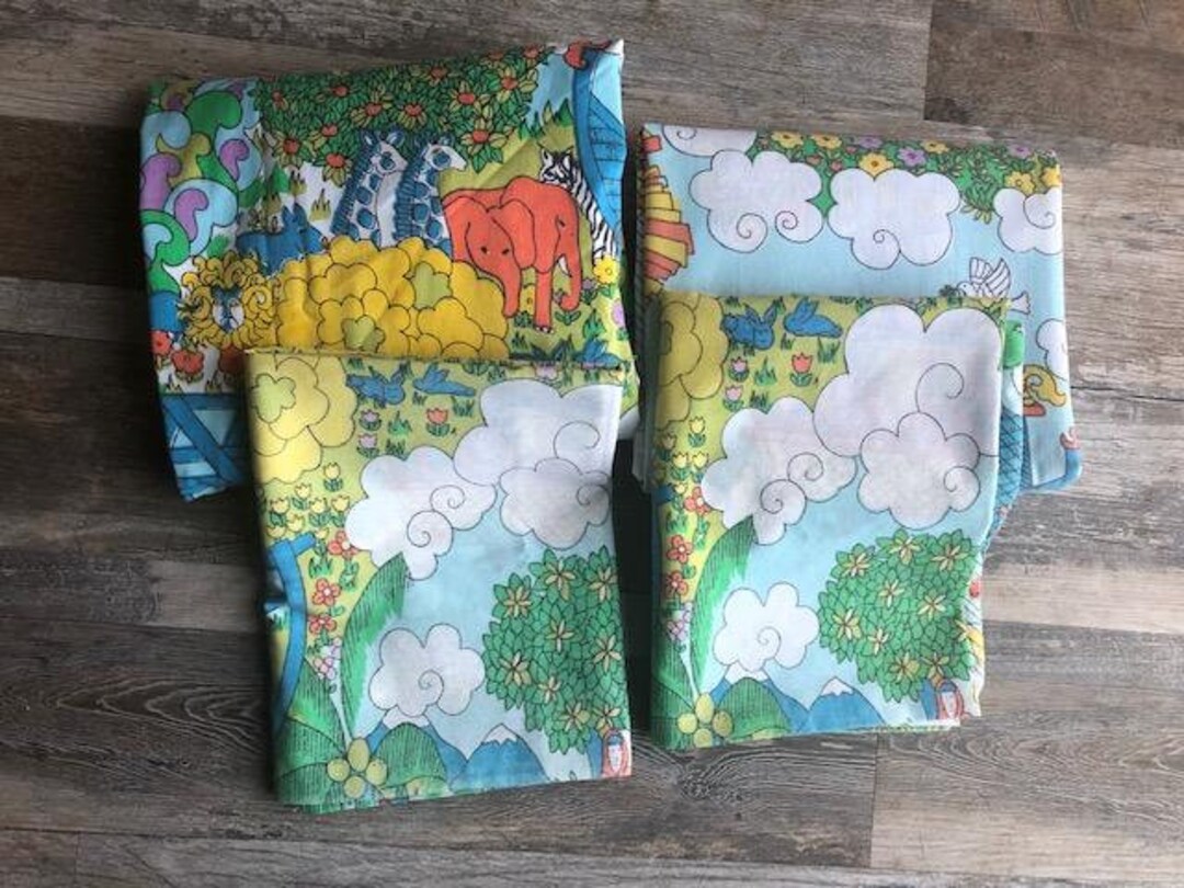 Vintage Sears Noah's Ark Twin Sheet Set 2 Pillowcases Fitted & Flat ...