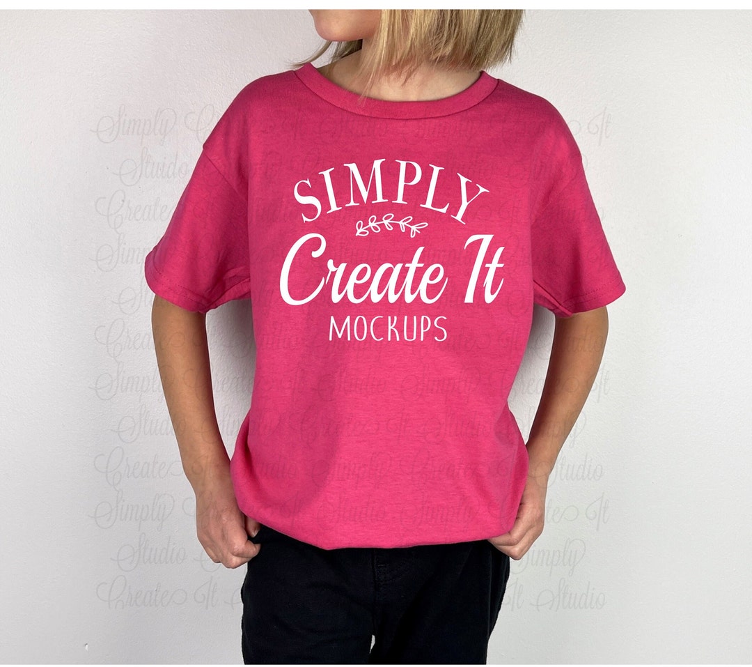 Gildan Youth Heliconia T-shirt Mockup, Gildan 5000B Youth Model Mockup ...