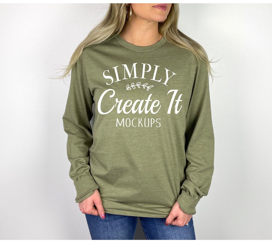 Bella 3501 Heather Olive Mockup, Long Sleeve Model Mockup, 3501 Heather ...