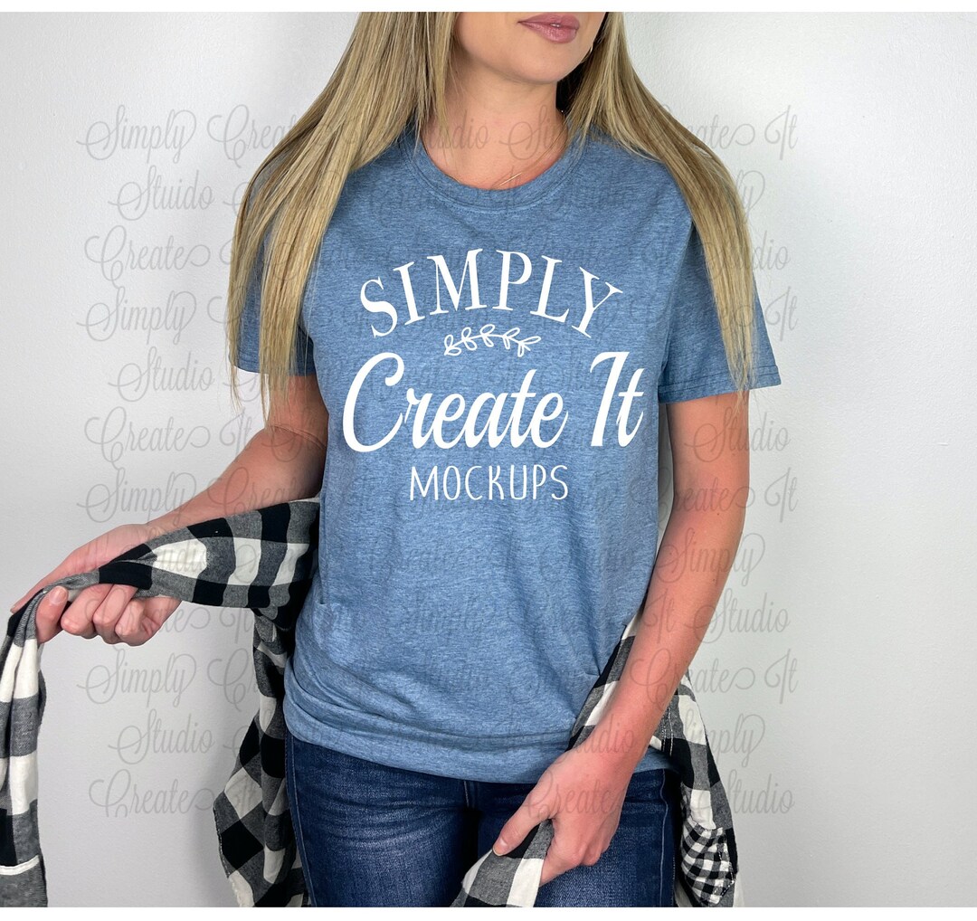 Gildan 64000 Heather Indigo Model Mockup, 64000 Heather Indigo Mockup ...