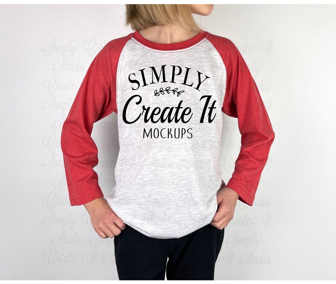 Youth Raglan Heather Red T-shirt Mockup, Raglan Youth Model Mockup ...