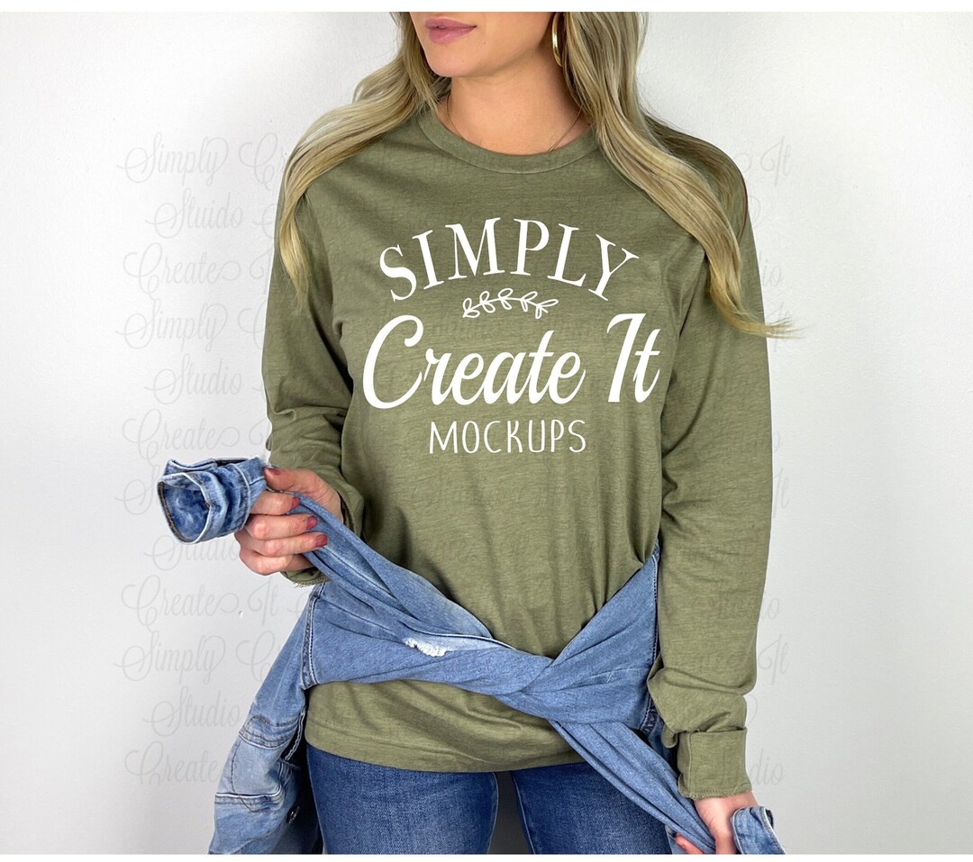 Bella 3501 Heather Olive Mockup, Long Sleeve Model Mockup, 3501 Heather ...