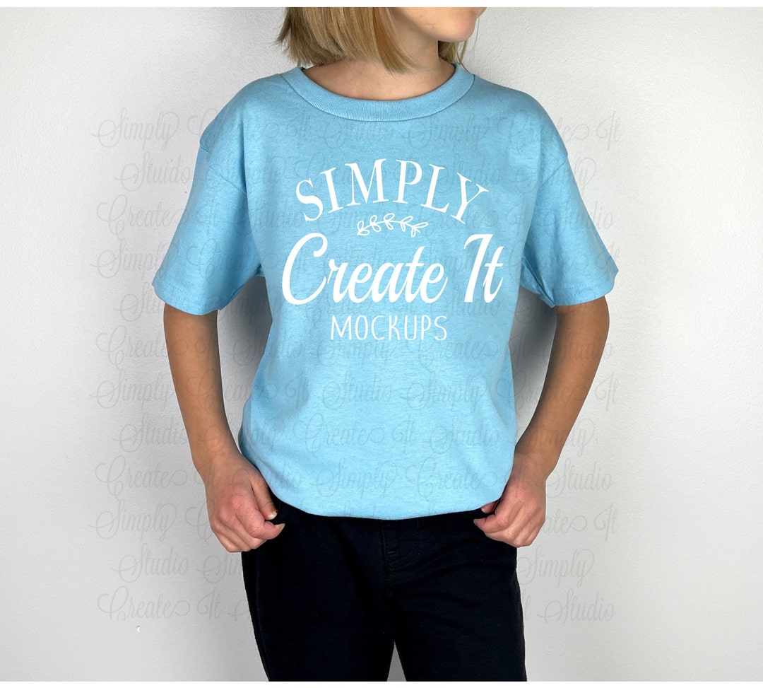 Gildan Youth Sky Blue T-shirt Mockup, Gildan 5000B Youth- Model Mockup ...
