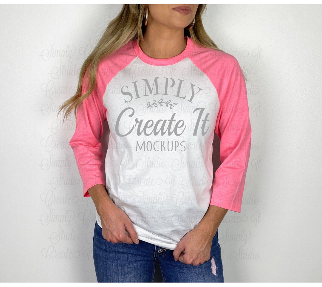 Bella B3200 White/neon Pink Raglan Mockup, Bella B3200 Model White/neon ...