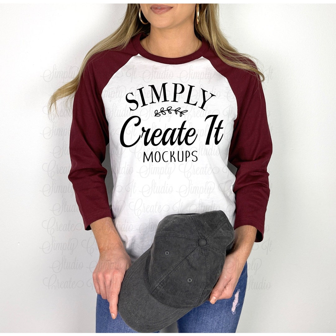 Bella Canvas B3200 White/maroon Raglan Mockup, Bella B3200 Model White ...